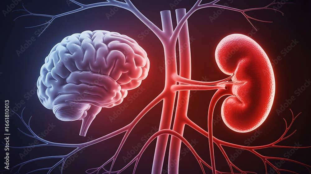 Photo Stock Human brain and kidney connected by blood vessels ...