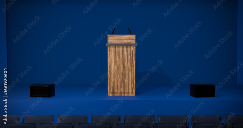 Press conference interview lectern placed in the middle with a dark ...