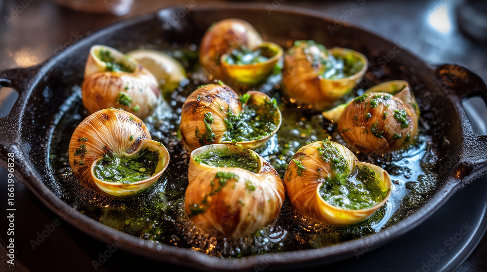 Escargots in garlic herb butter bubbling inside traditional shell dish ...