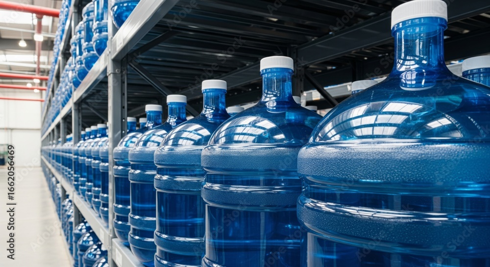 Water dispenser bottles in industrial warehouse storage with large blue ...