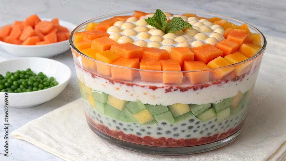Layered bubur cha cha dessert showcasing vibrant fruits and textures in ...