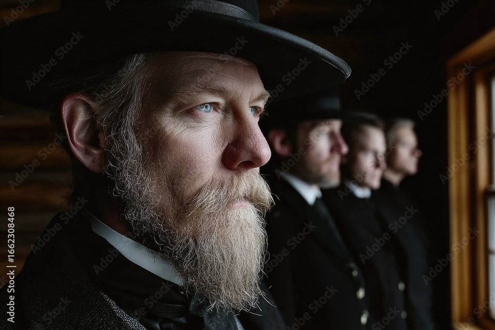 Historic Mormon figure: solemn expression, pioneer attire, faithful ...