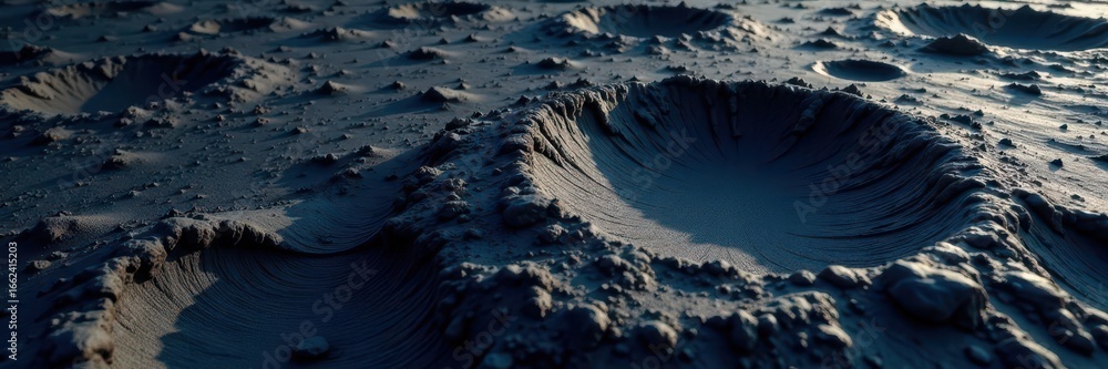 Deep asphalt craters, jagged edges, lunar-like surface, rough, pitted ...