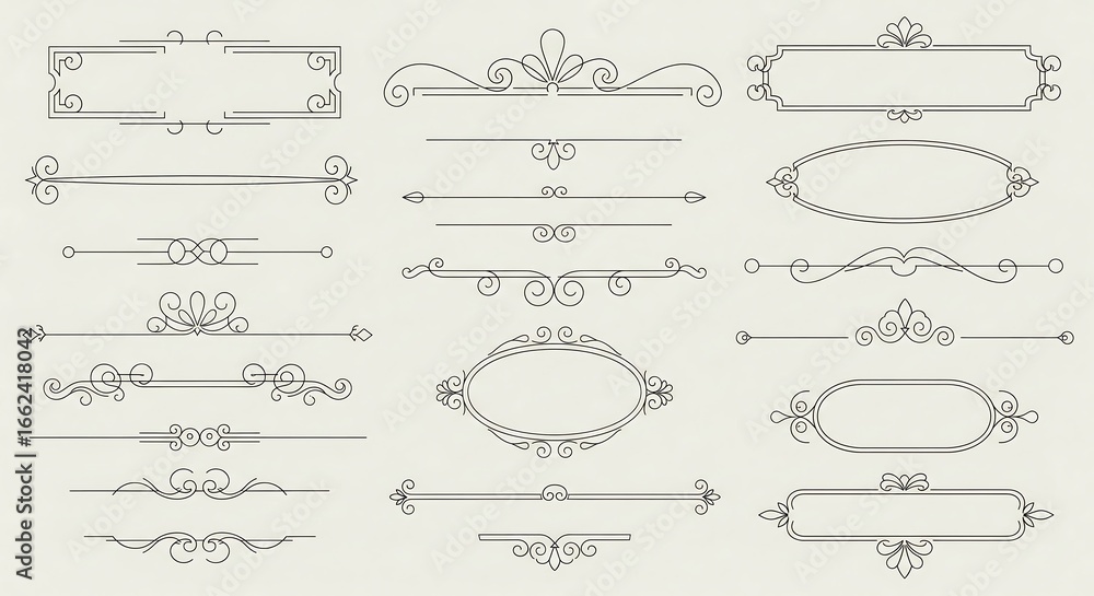 A collection of elegant, vintage-style decorative borders and dividers ...