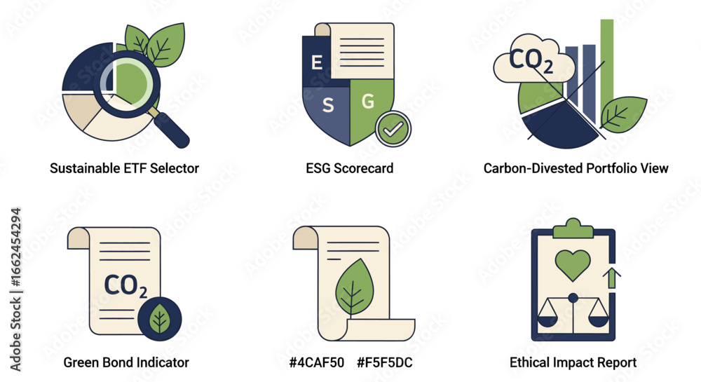 Sustainable Investment Icons ESG, Carbon Reduction, and Ethical Impact ...