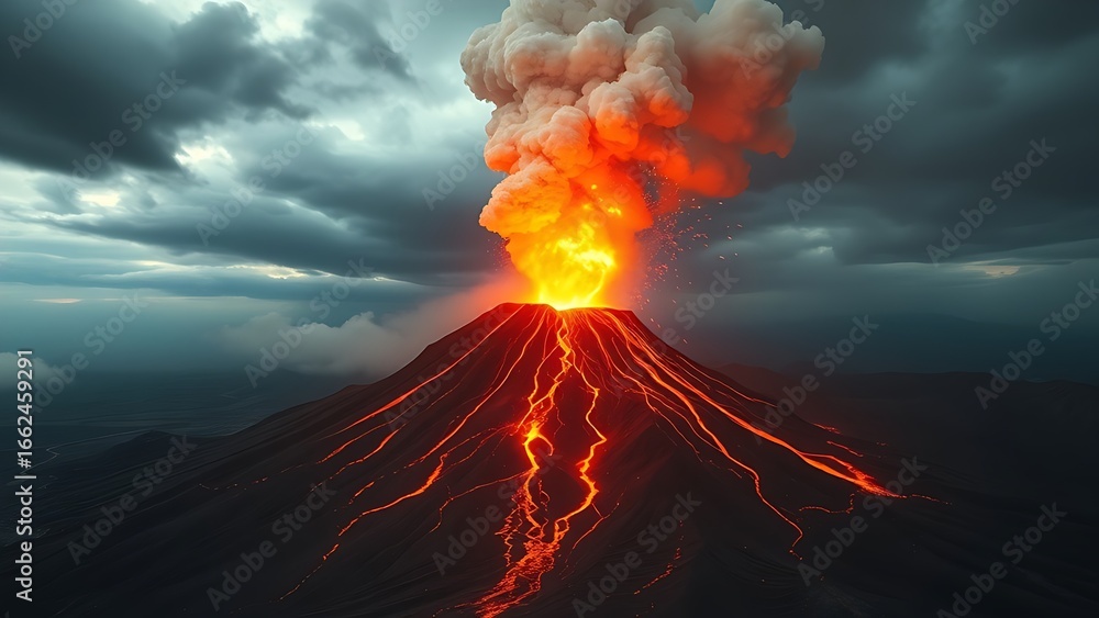 Long-dormant volcano eruption with time symbolism showing centuries of ...