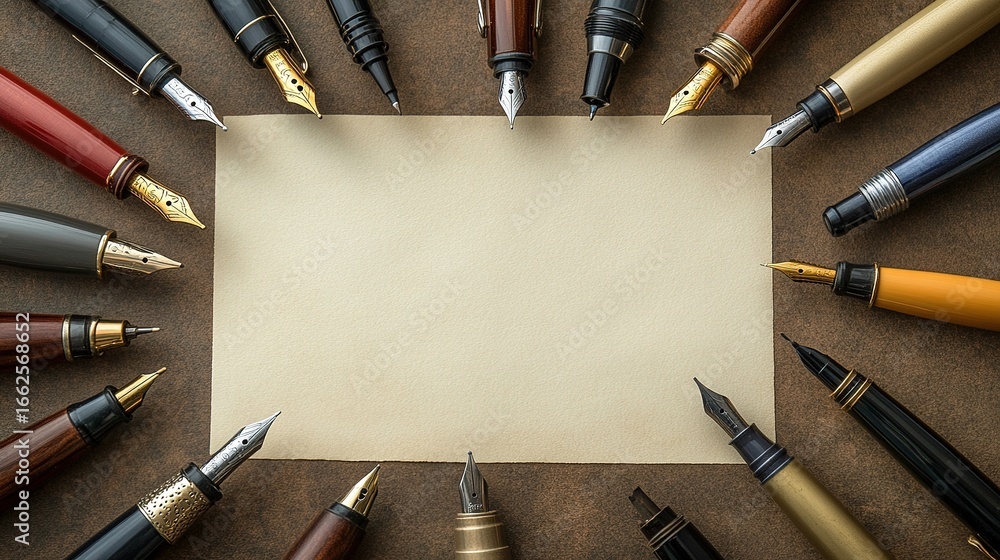 Stock-Foto „Elegant layout of pens in various colors and types ...