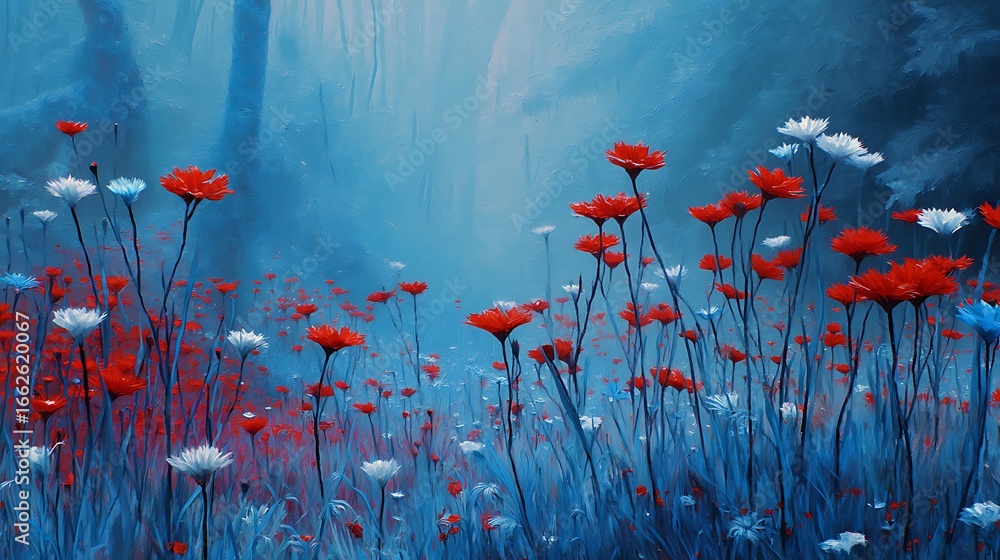 a quiet surreal field where emotional plants bloom in symbolic colors ...