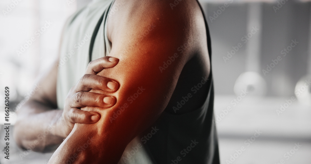 Hands, injury and arm of man in gym for muscle fatigue, inflammation ...