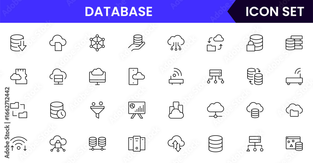 Database vector line icons featuring data centers, routers, firewalls ...
