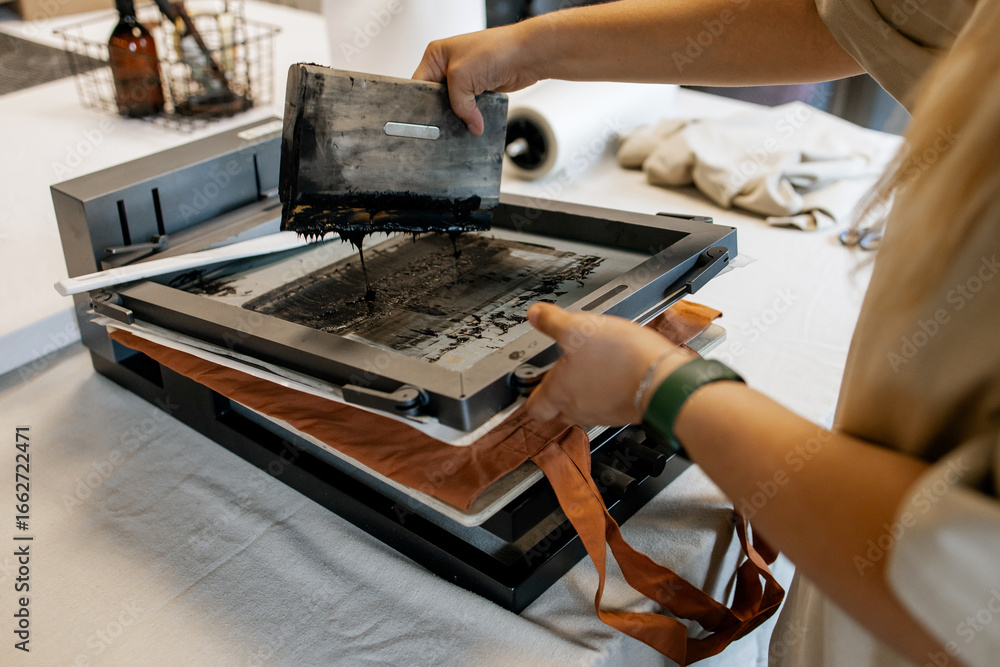 Photo Stock Manual Silk Screen Printing on Fabric – Close-up of Hands ...