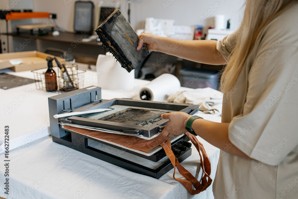 Manual Silk Screen Printing on Fabric – Close-up of Hands Working with ...