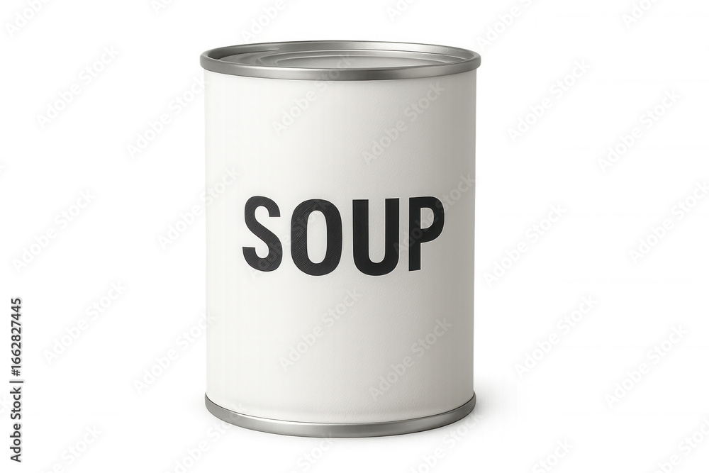 Generic soup can sitting closed on transparent surface, ready for ...