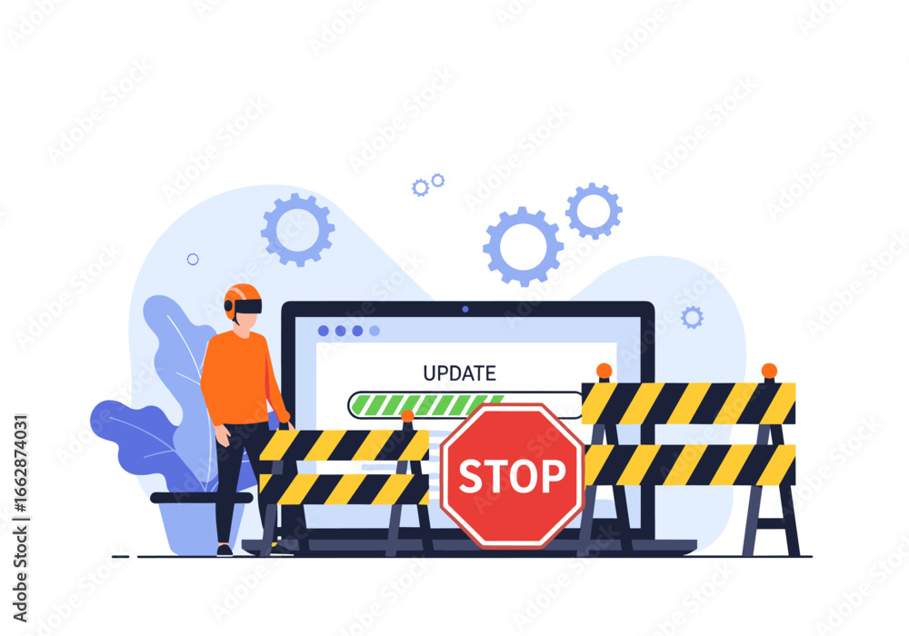 System maintenance under construction warning with stop sign and progress bar update Stock ...