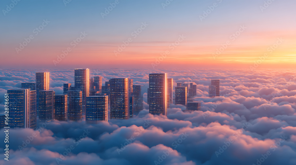 Innovative edge cloud computing data centers rise above the clouds at sunset futuristic ...