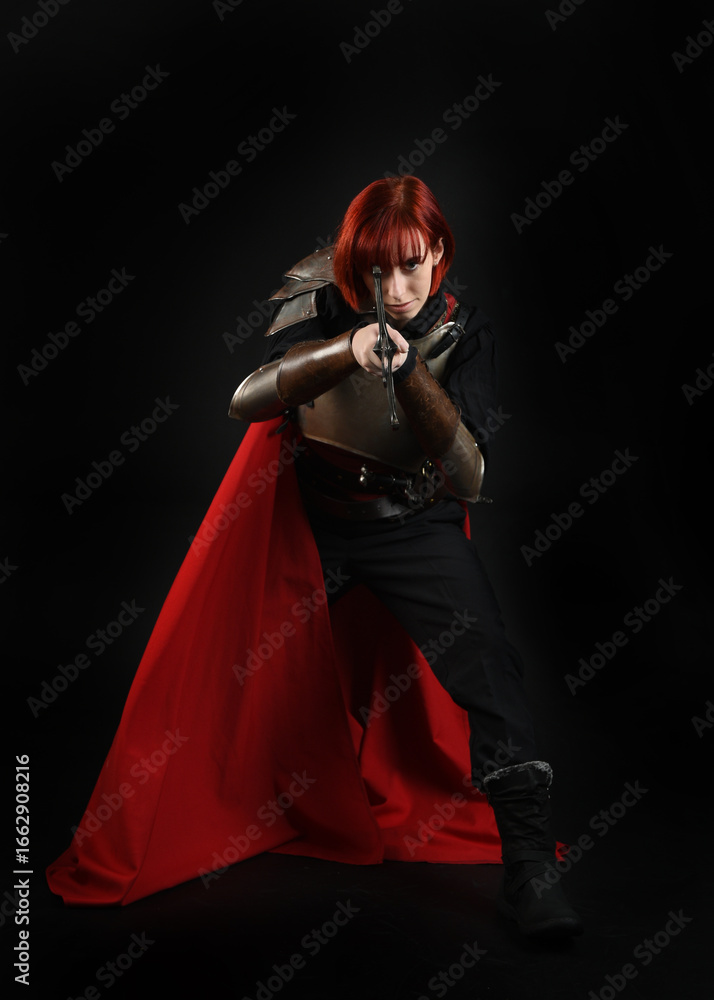 Fantasy warrior woman model in historical medieval armour costume, red ...