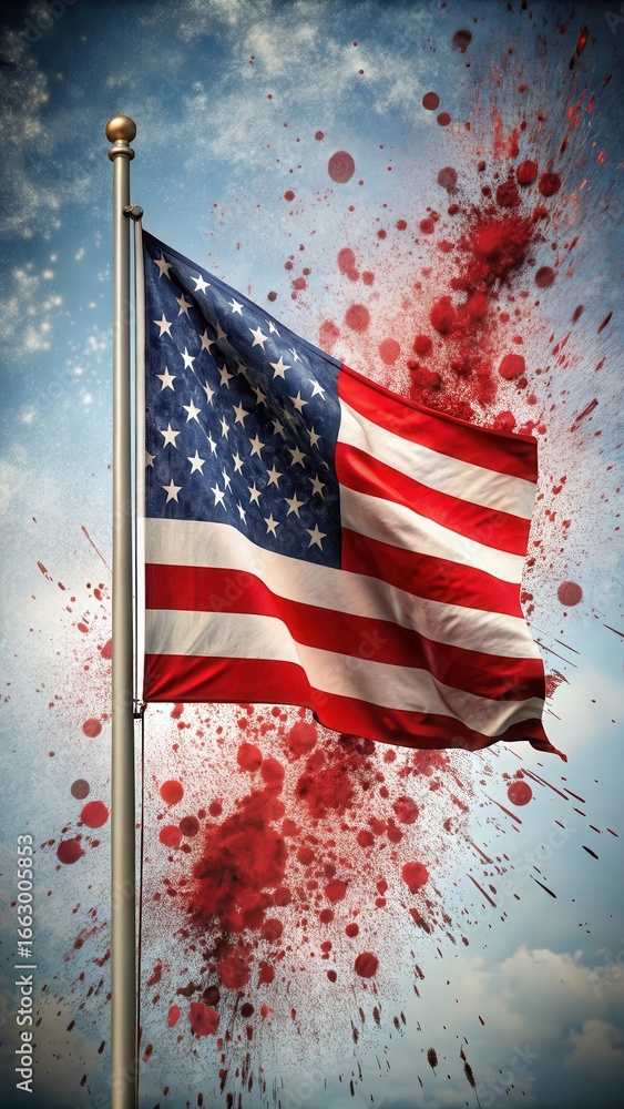 American flag waving with red ink splatters and dollar signs Stock ...