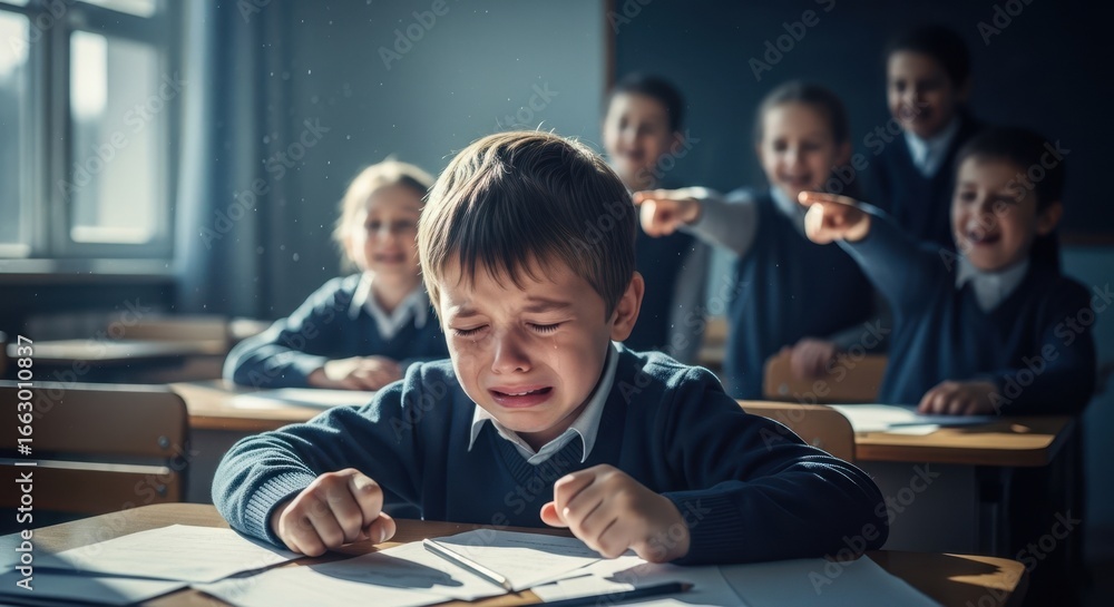 School bullying scene: a sad boy crying at his desk while classmates ...