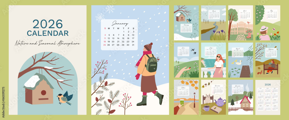 Illustrated Calendar 2026 with hand drawn scenes inspired by nature and ...