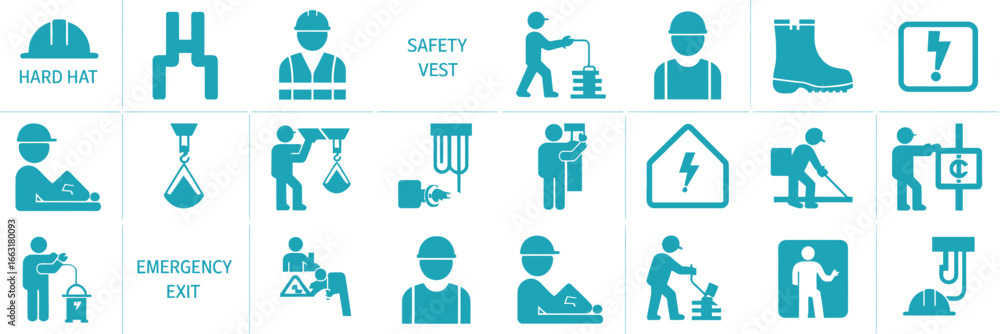 Blue Iconography Featuring Construction Safety, Hard Hats, Vests, and ...