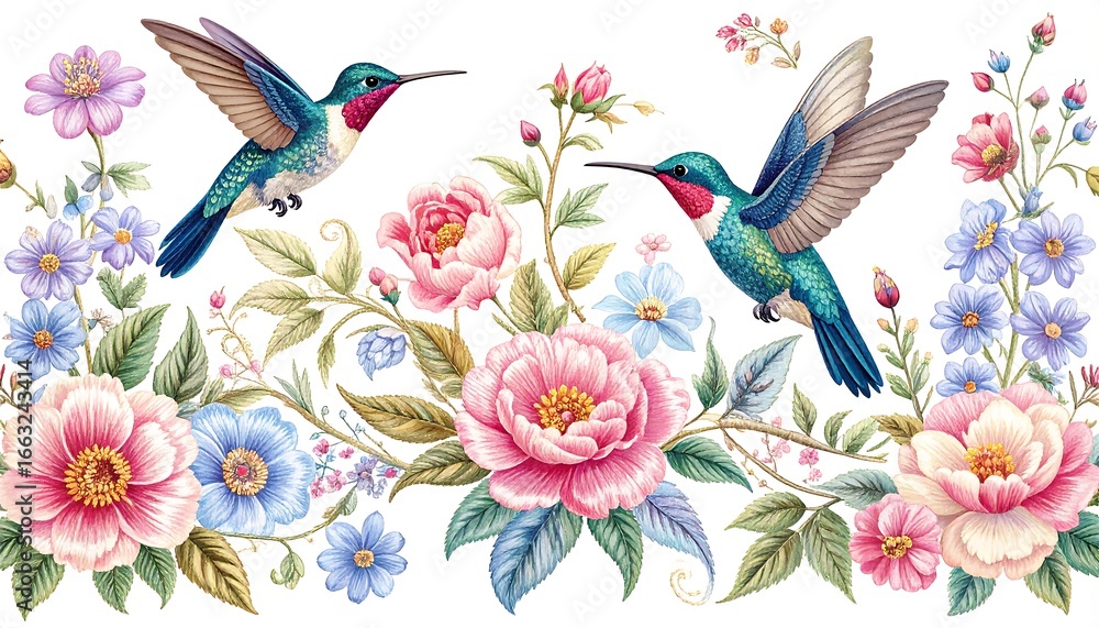 Floral Border with Two Hummingbirds in Flight Stock Photo | Adobe Stock