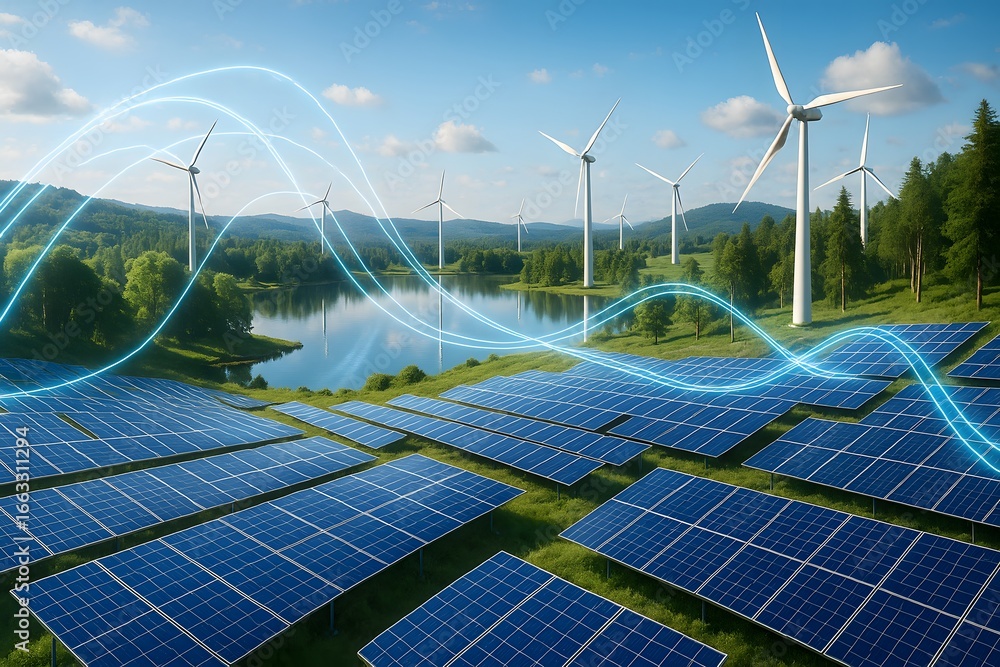 Solar panels and wind turbines generate electricity near a lake, with ...