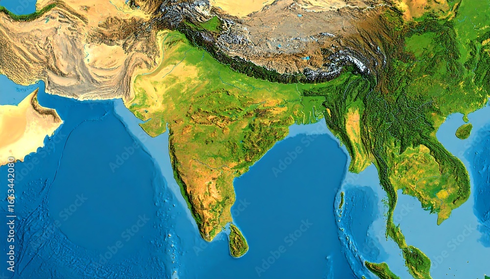 Detailed topographical map of the Indian subcontinent and surrounding ...
