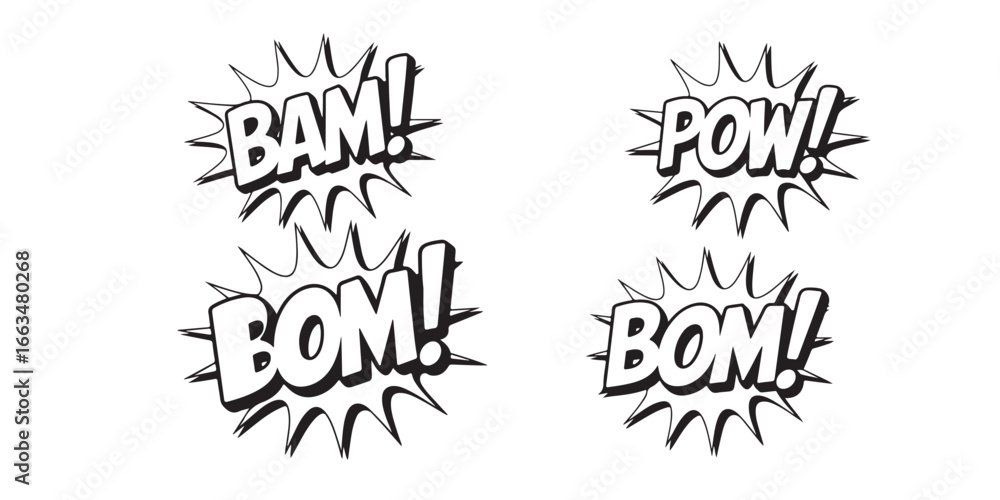 Four comic book style explosion bubbles with bam bom and pow text in ...