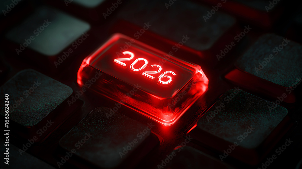 Glowing keyboard key featuring year 2026, illuminated. Beginning of ...