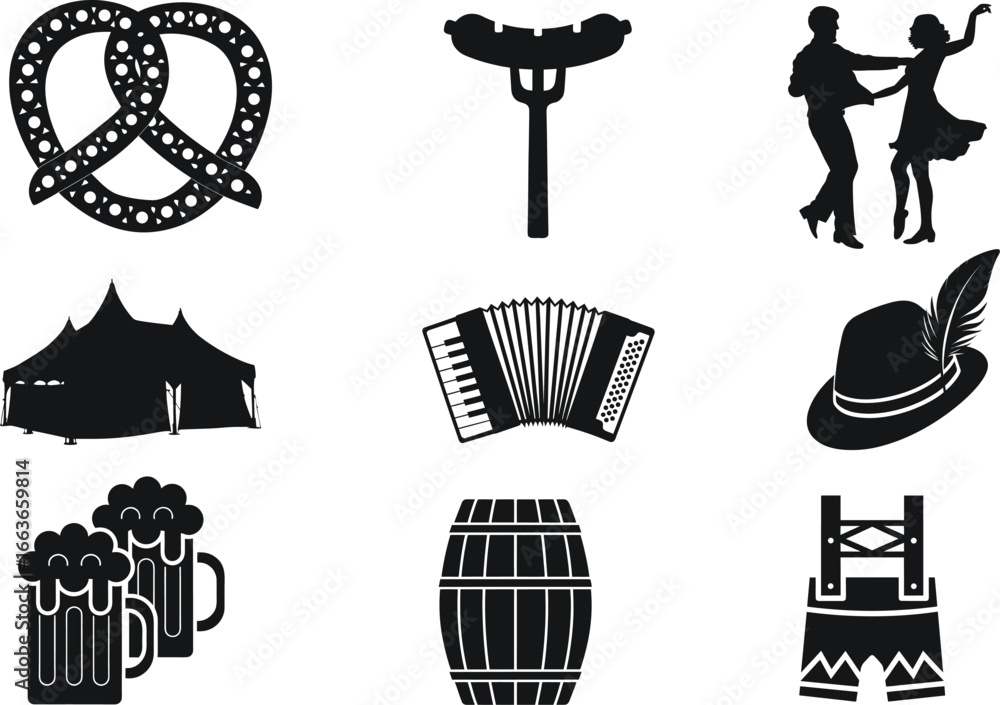 Oktoberfest Silhouette Vector Illustration Set. Beer Barrel, Pretzel ...