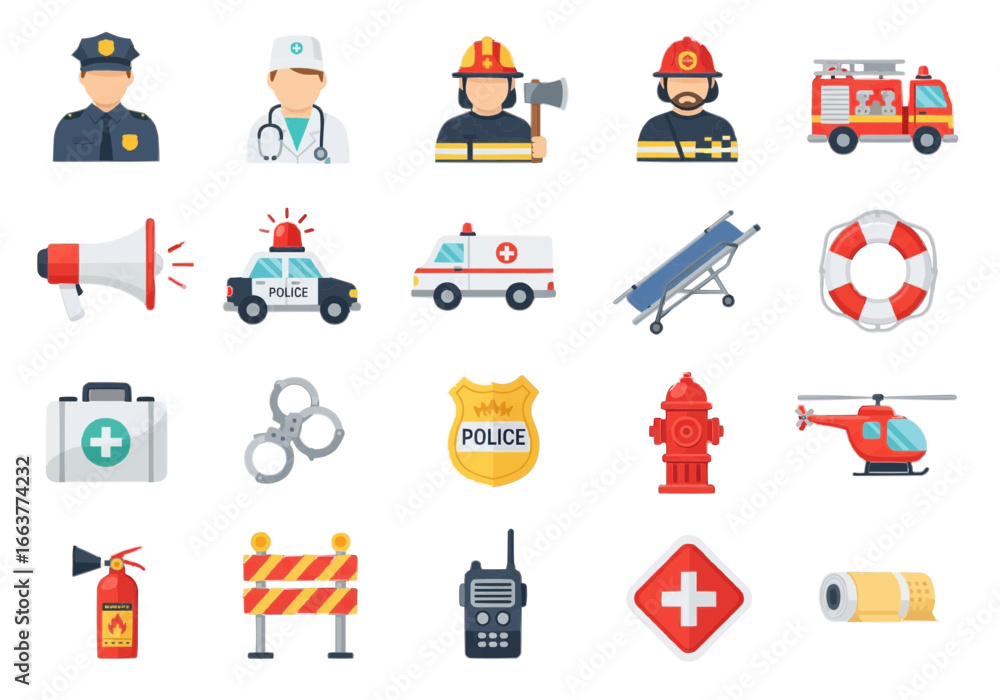 Emergency Services Icons Set Doctor, Police, Firefighter, Ambulance ...