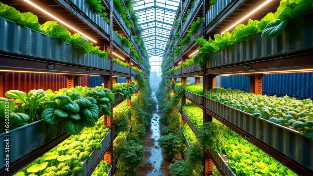 Vertical farm inside shipping containers with hydroponics Stock ...