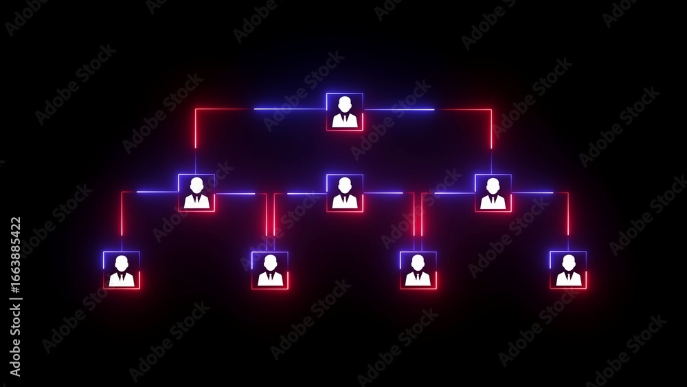 Dual Neon Red and Blue Digital Organizational Chart with Human Icons ...
