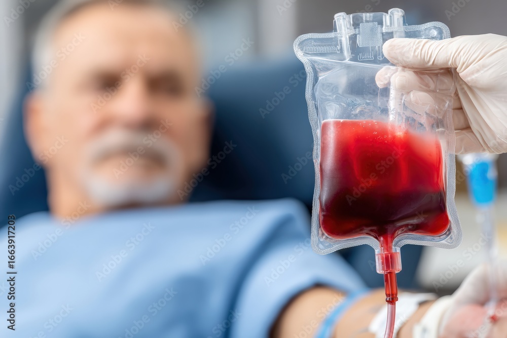 Doctor holding iv bag with red blood cells for blood transfusion to a ...