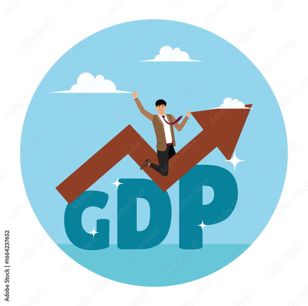 GDP Gross domestic product concept. Businessman stand with GDP word and growing graph and chart ...