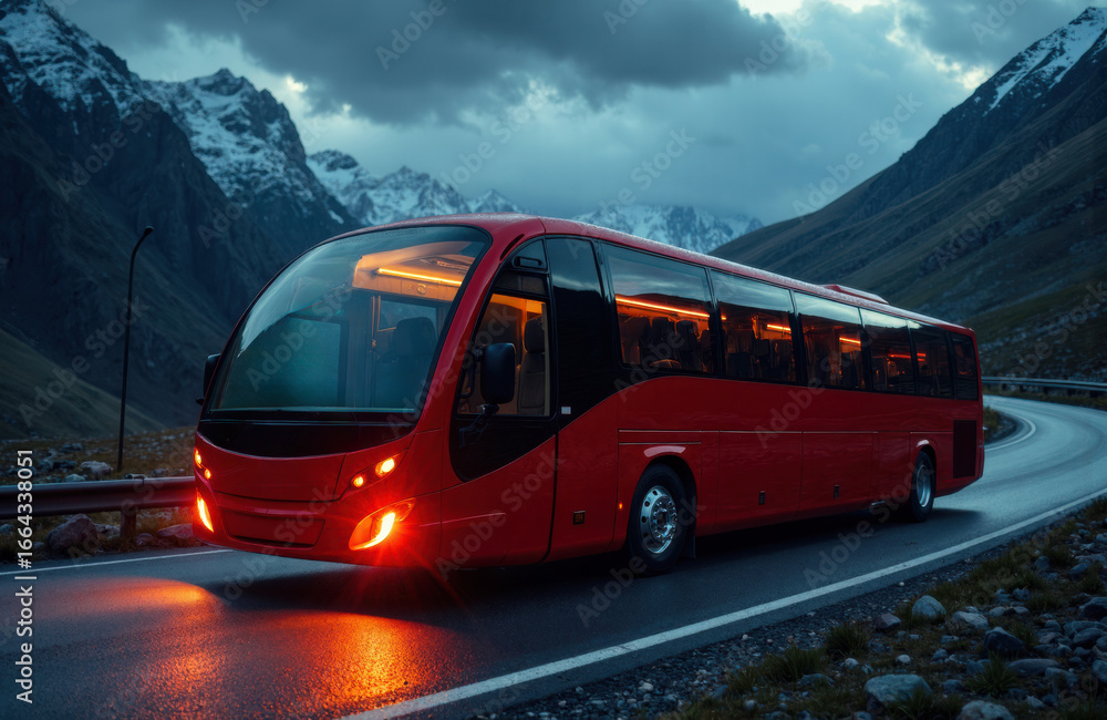 Luxury red bus traveling along mountain road at dusk with snow-capped ...