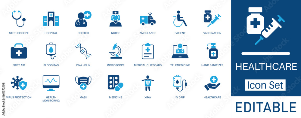 Healthcare and Medical icon set. Includes symbols for Doctor, Hospital ...