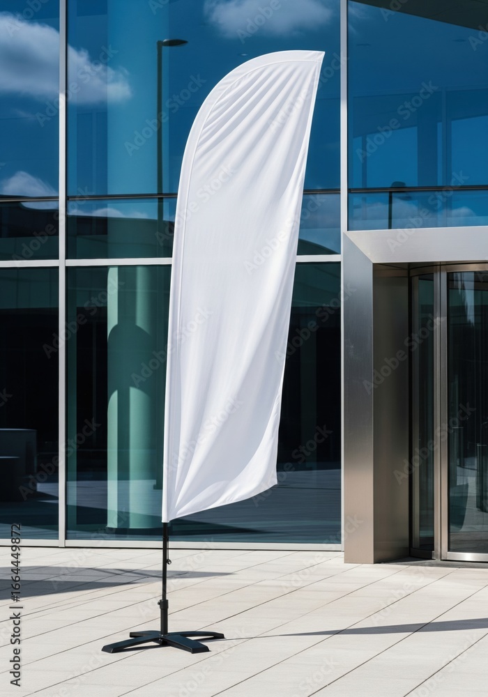 White mockup feather flag standing outside a modern business center for ...