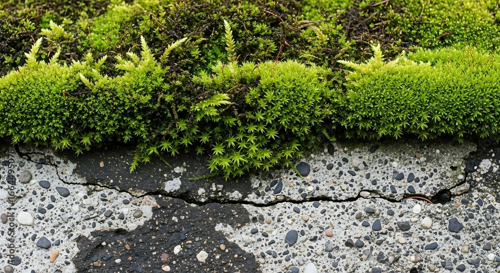 Verdant moss growth on cracked concrete surface depicting resilience ...