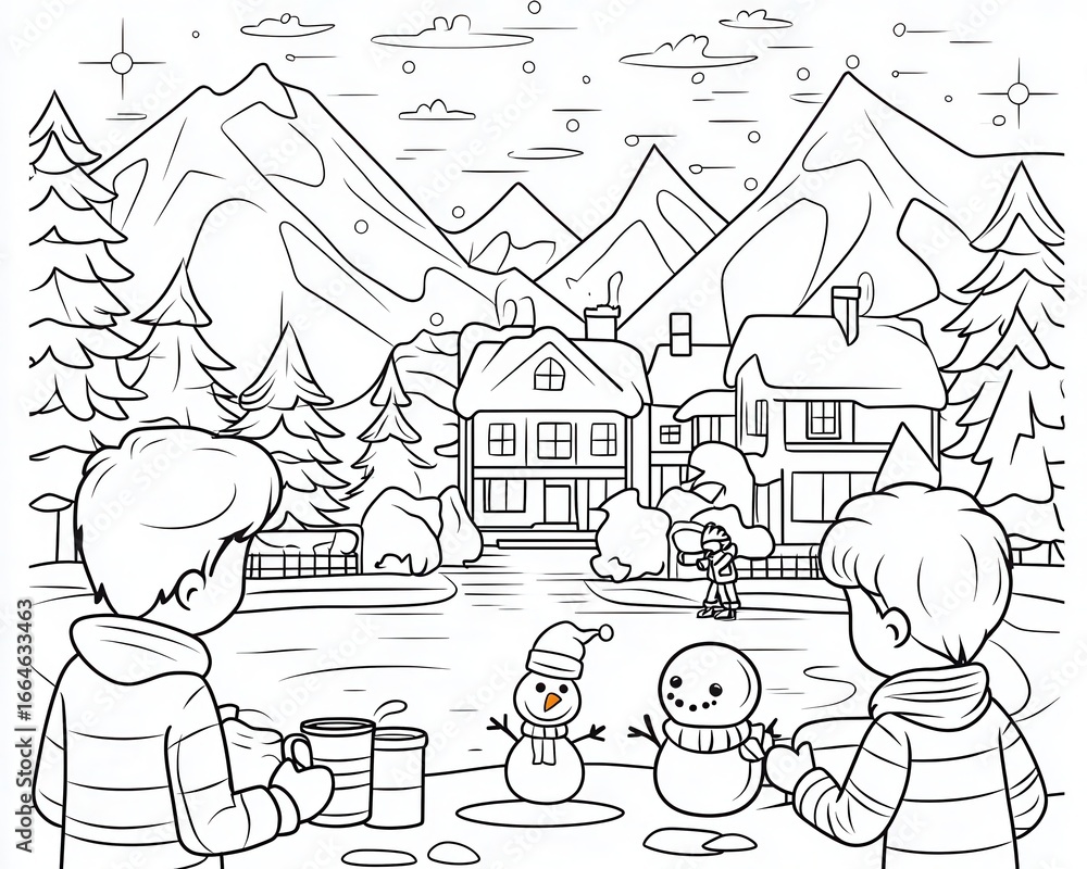 Cozy winter holiday coloring book illustration, featuring kids ice ...