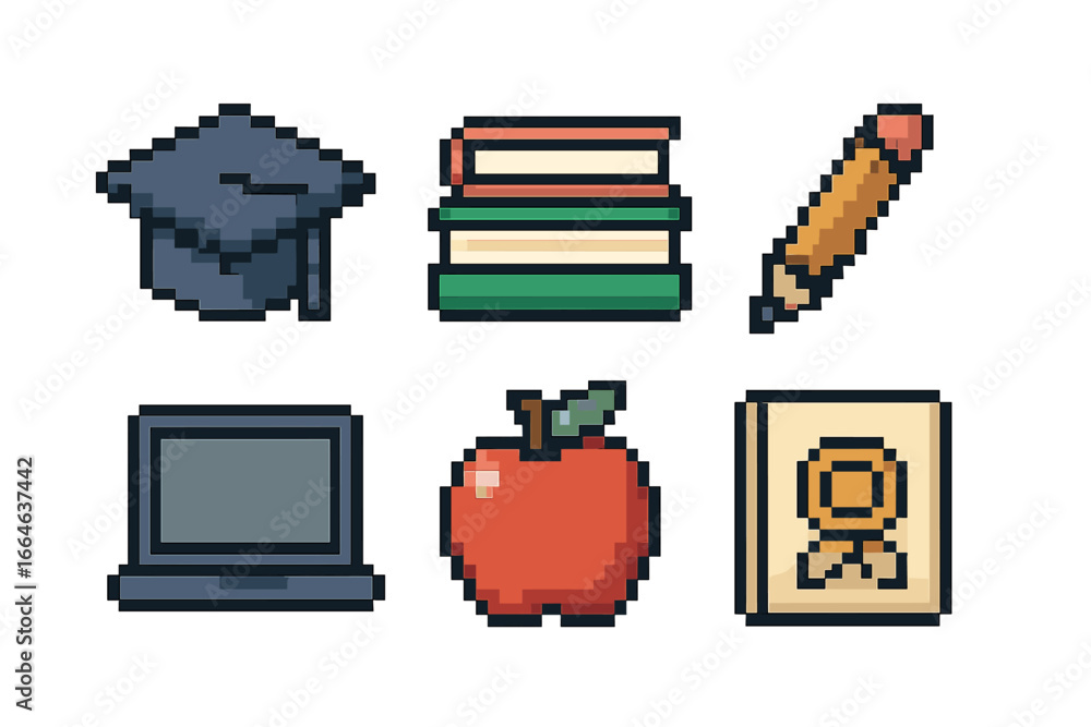 Vector set of education pixel art icons. Retro 8-bit gaming style ...