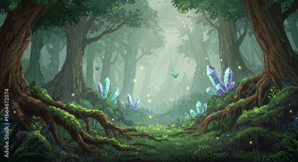 Generative AI Pixel Art Magical Forest with Crystals Pixel art Trees ...