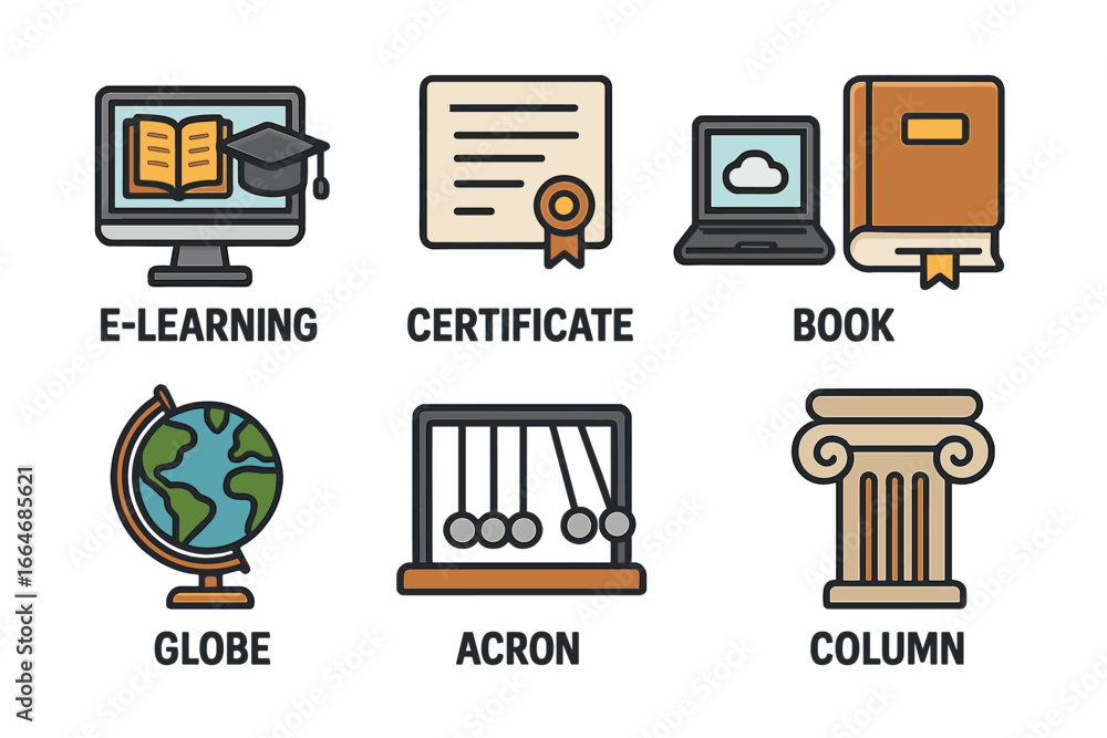 Educational icon set. E-learning, online university, distance education ...
