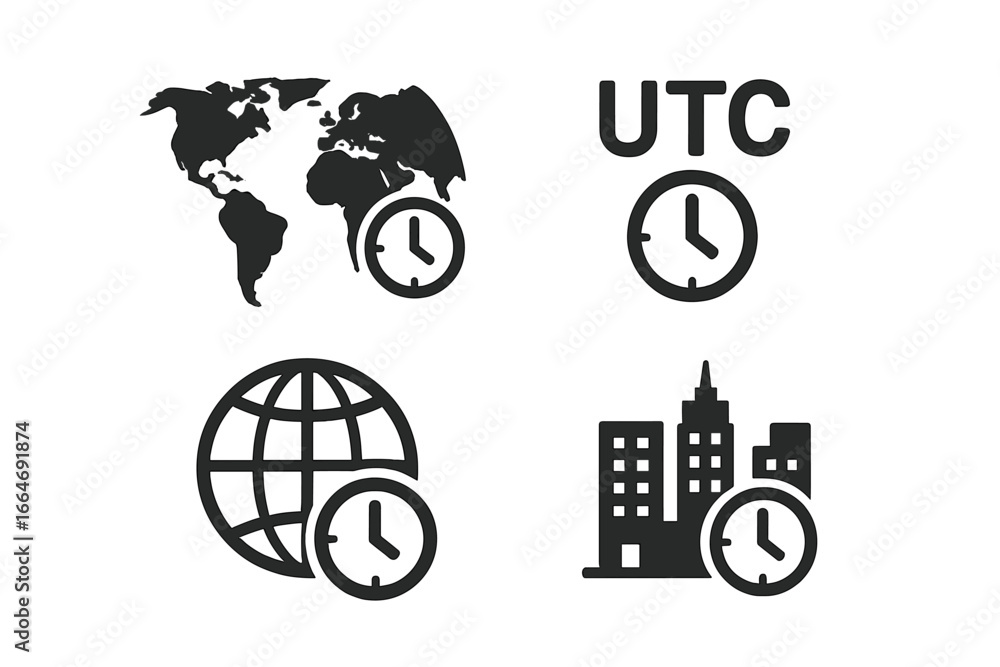 Vektor World Clock Icons Set, Solid Filled Vector Symbols Representing Global Time Zones, UTC ...