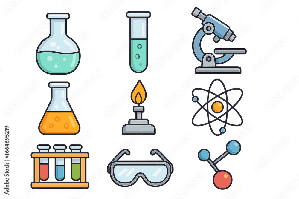 Science chemistry lab icon set. Laboratory equipment for research, experiment, education. Vector ...