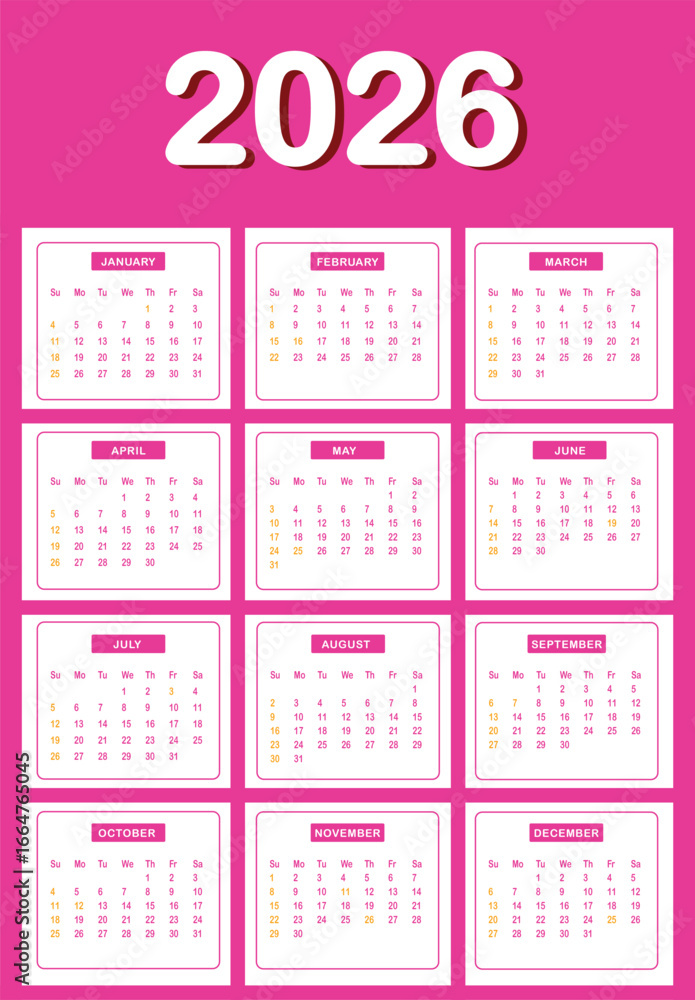 Monthly calendar layout for Year 2026 . Diary planner for Year 2026 ...