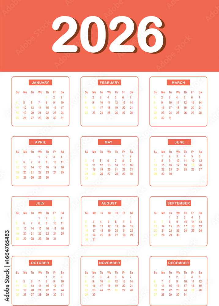 Vector de Stock Monthly calendar layout for Year 2026 . Diary planner ...