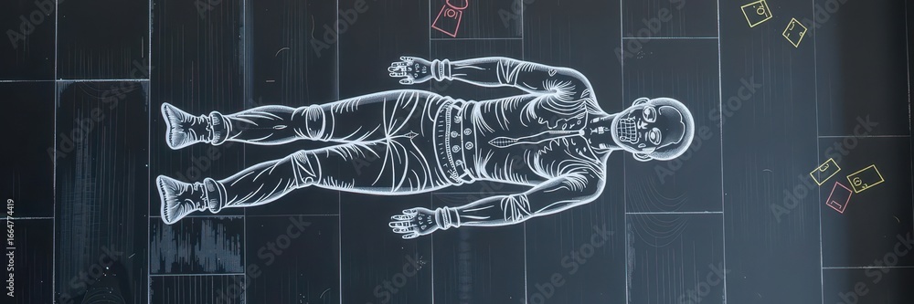 Chalk outline of a body at a crime scene investigation, forensic ...