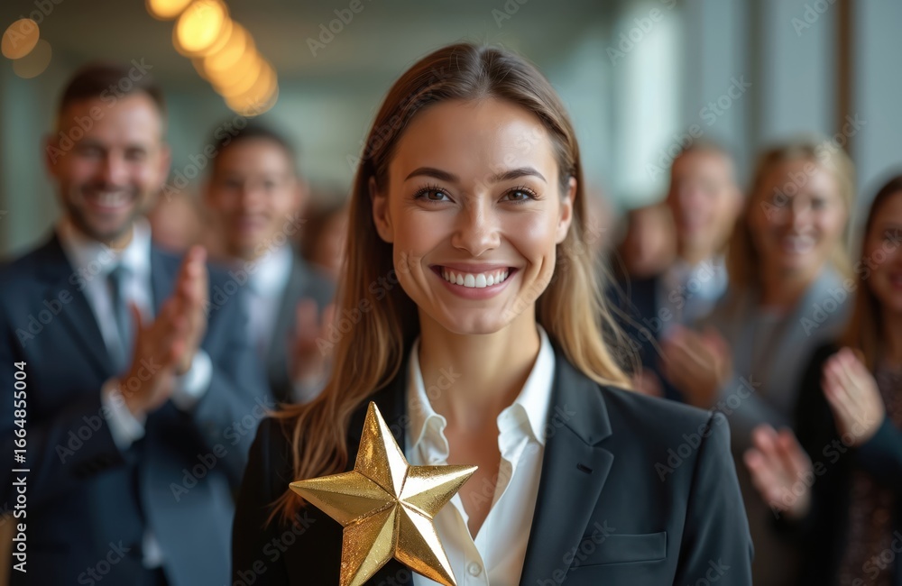 Woman in black suit confidently holds golden star award. Group of ...