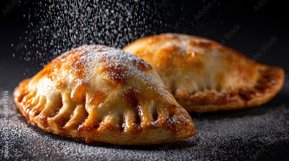 Hand pies filled with apple compote on a dark charcoal backdrop with ...